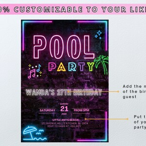 Neon Pool Party Invitation Template, Editable Pool Party Summer Invite ...