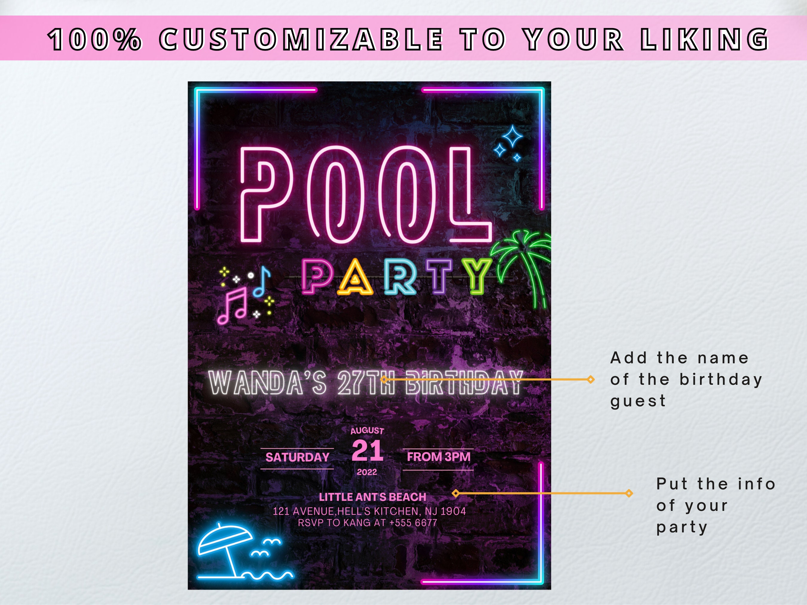 Neon Pool Party Invitation Template, Editable Pool Party Summer Invite ...