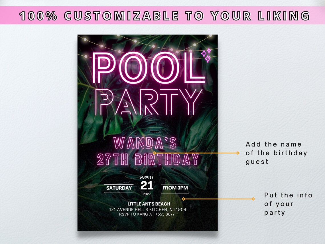 Neon Pool Party Invite Instant Download Glow Party - Etsy