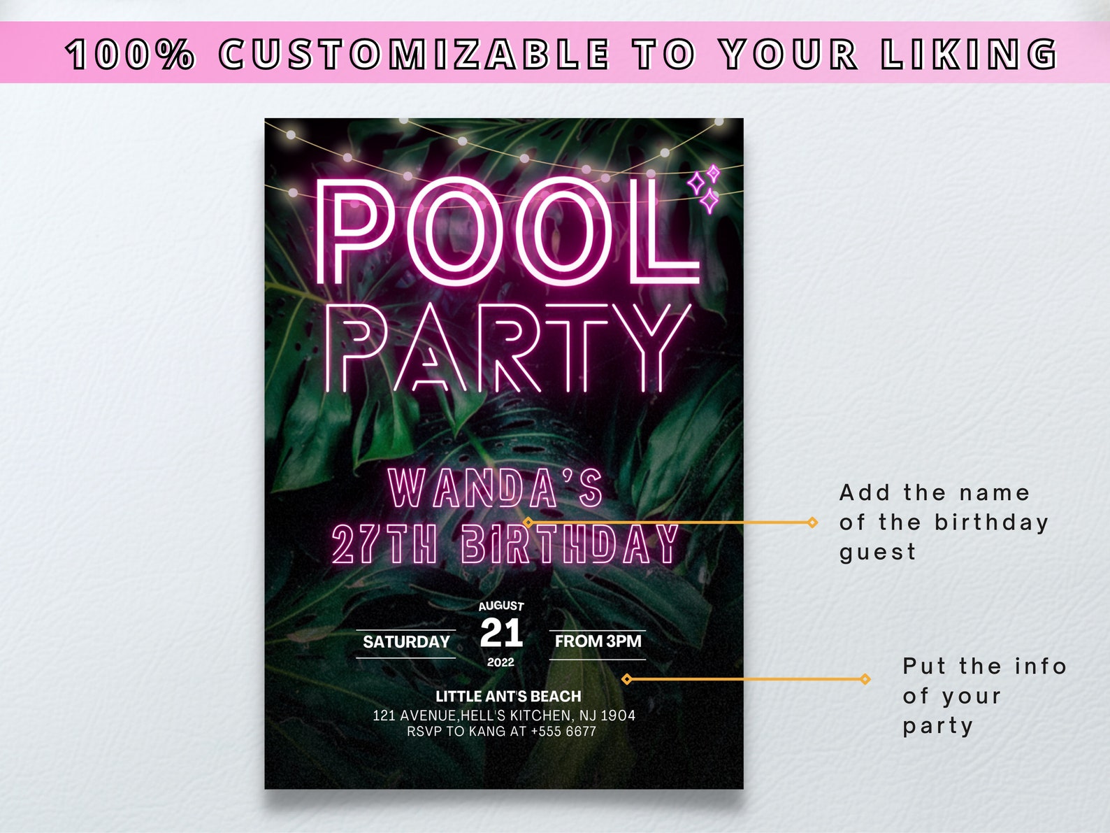 Neon Pool Party Invite Instant Download , Glow Party Invitation, Neon ...