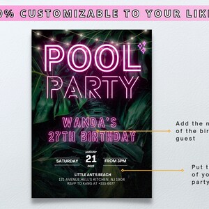 Neon Pool Party Invite Instant Download , Glow Party Invitation, Neon ...