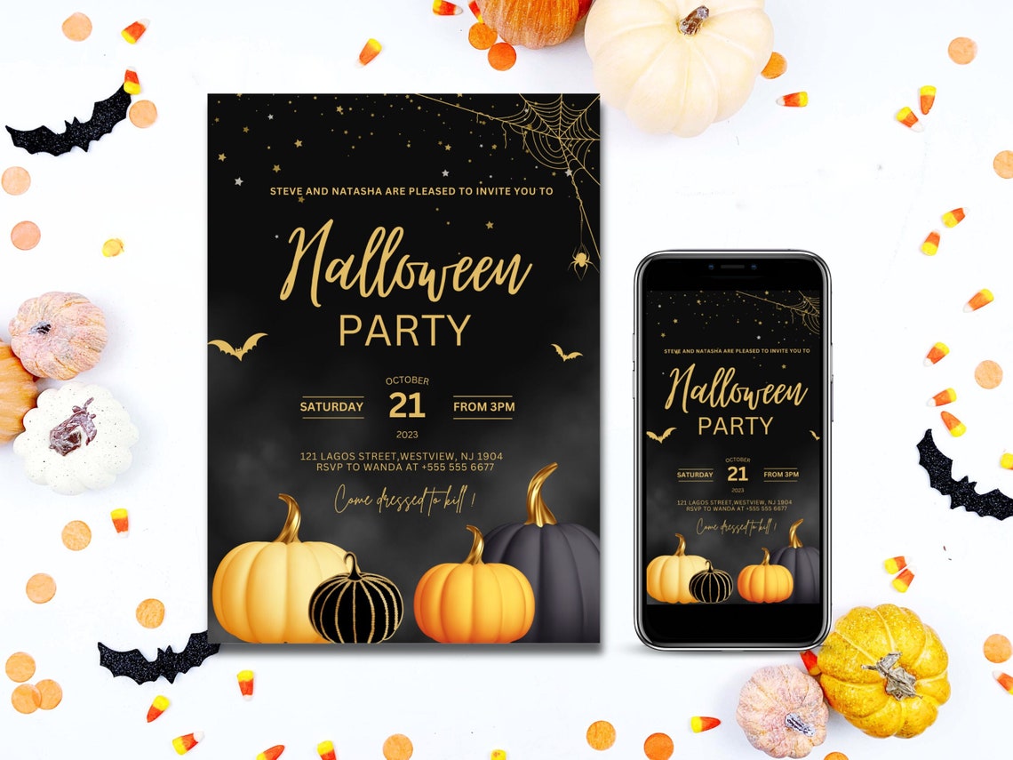 Digital Halloween Party Invitation Adult Printable, Black and Gold ...