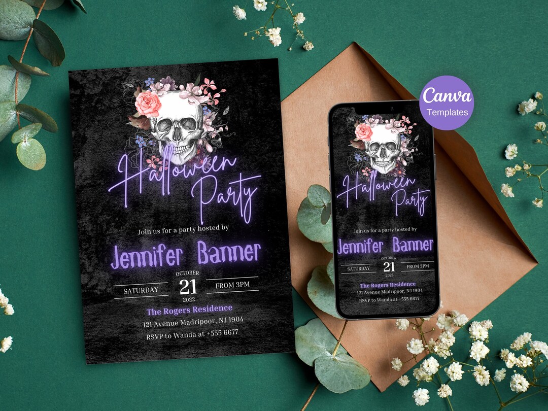 Neon Purple Halloween Party Invitation, Digital Purple Neon Halloween ...