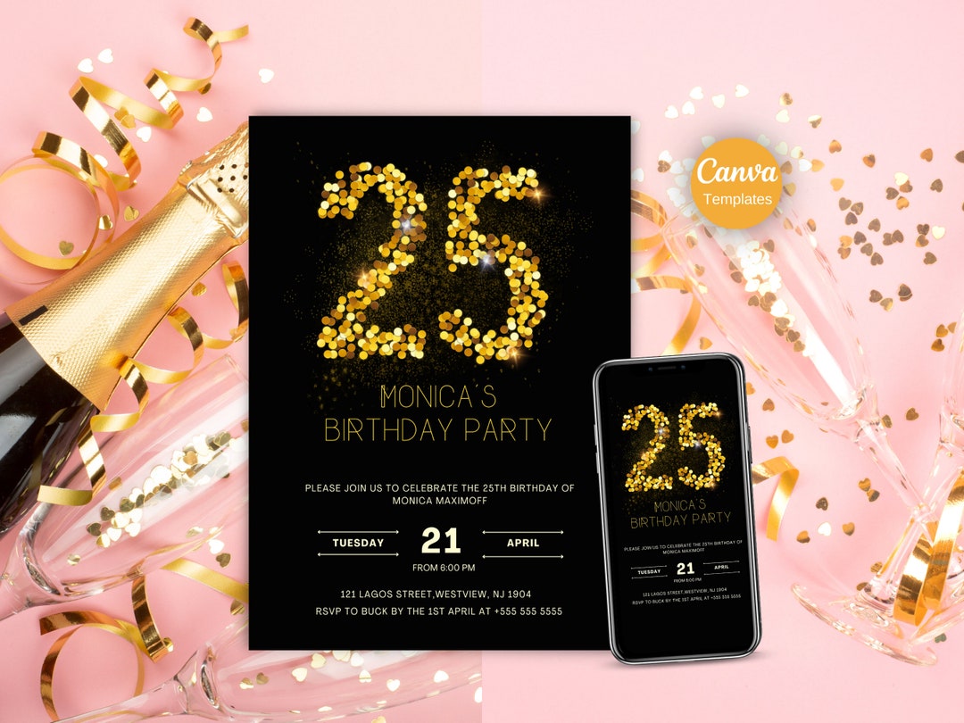 Digital 25th Birthday Party Invitation for Women, Black and Gold ...