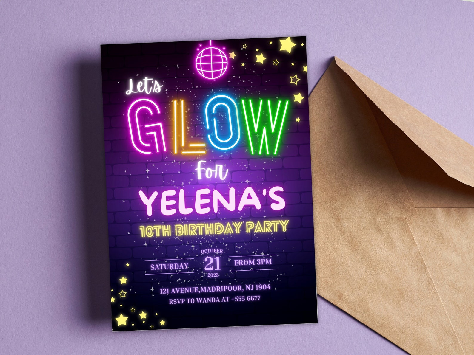 Glow Party Invitation, Neon Birthday Party Invite, Neon Birthday ...