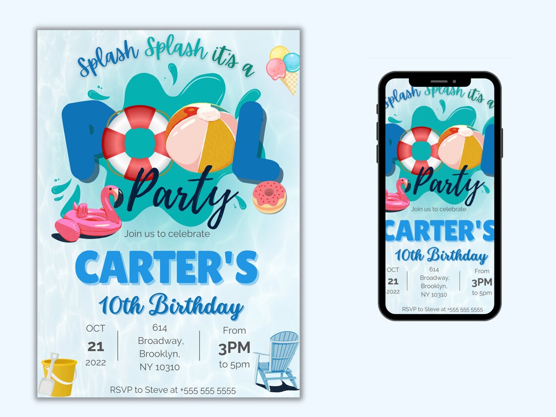 Pool Party Invitation Instant Download Kids Blue Pool Party - Etsy