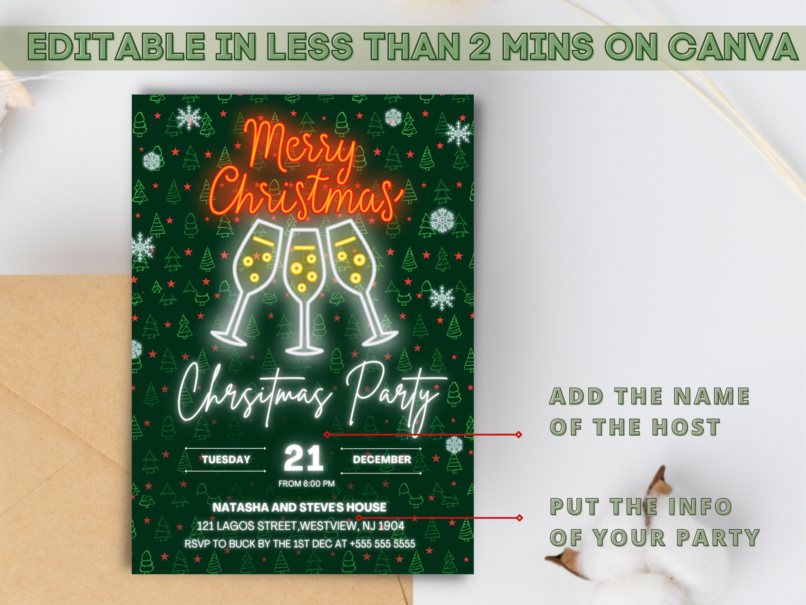 Editable Christmas Party Invitation Instant Download, Neon Holiday ...