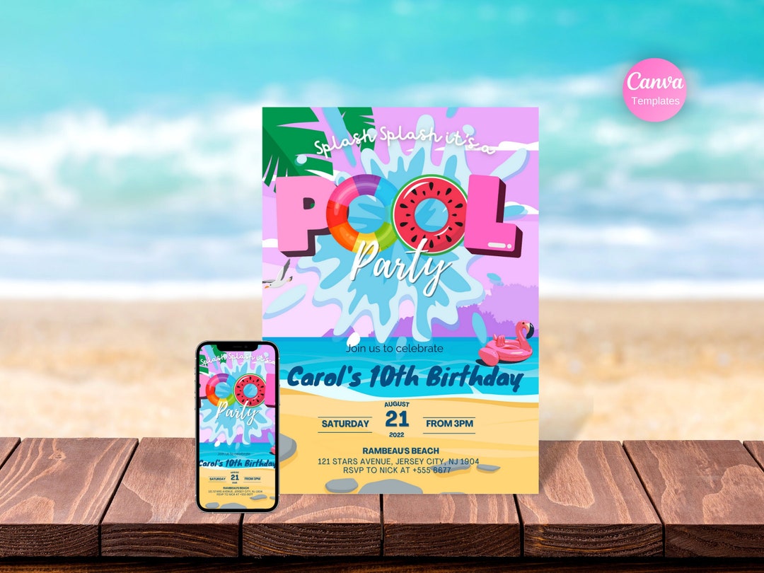 Pink Pool Party Invitation Girl, Editable Pool Party Birthday ...
