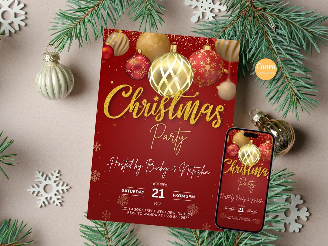 Elegant Christmas Party Invitation, Red and Gold Holiday Party ...