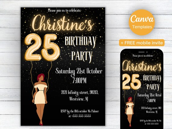 25th Birthday Invitation Digital Template Editable Black and - Etsy