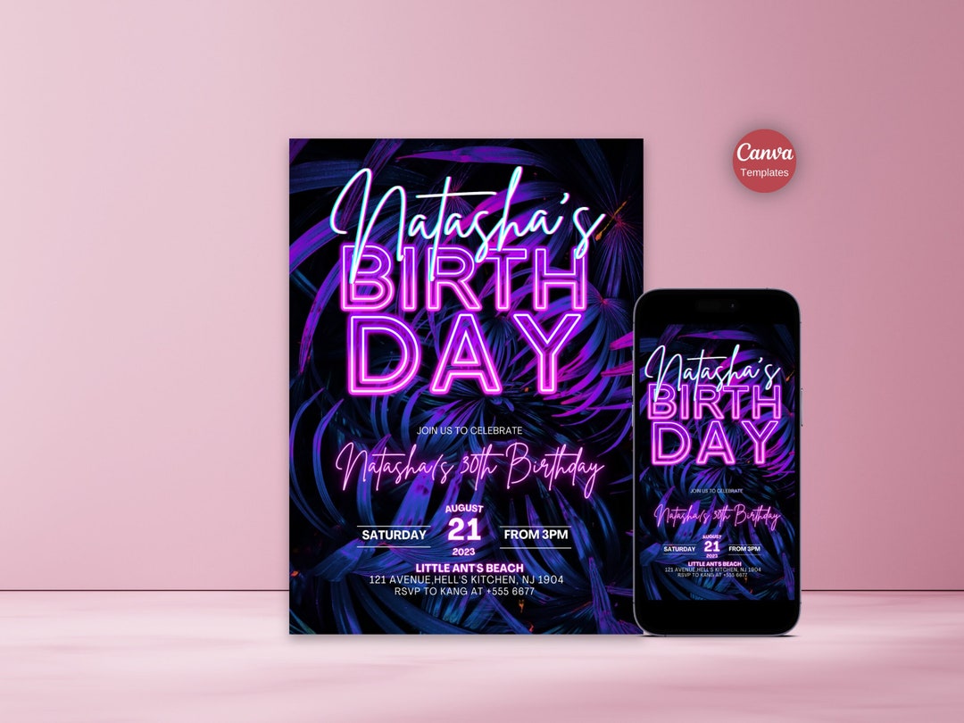 Digital Neon Birthday Party Invitation, Neon Purple Beach Birthday ...