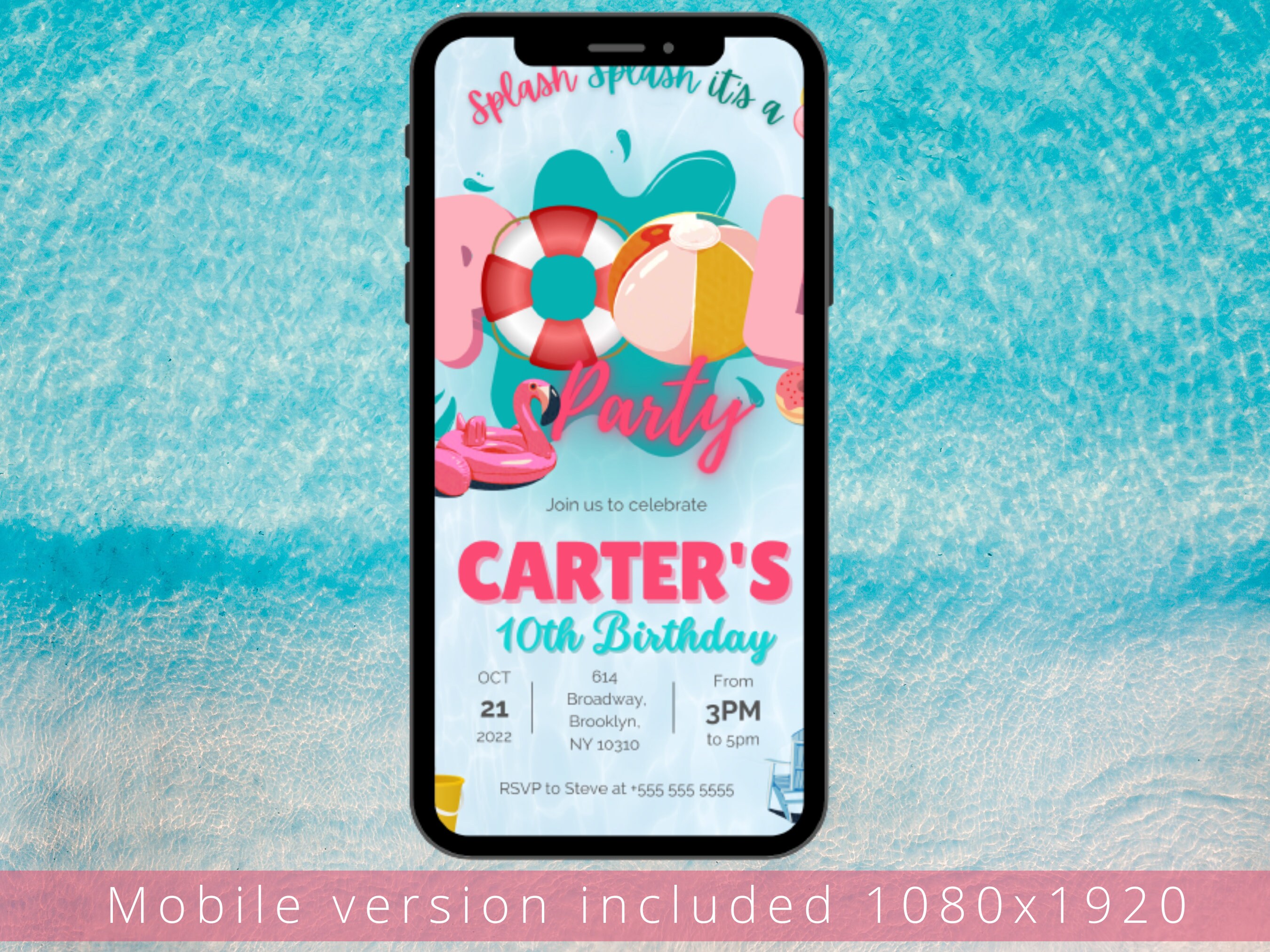 Pink Pool Party Birthday Invitation, Pool Party Invite Girl, Printable ...