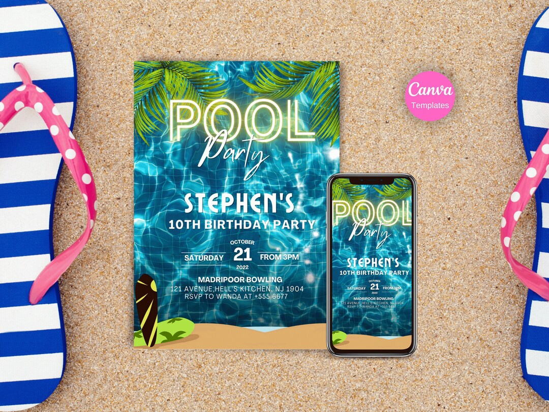 Editable Pool Party Invitation Instant Download, Neon Pool Party ...