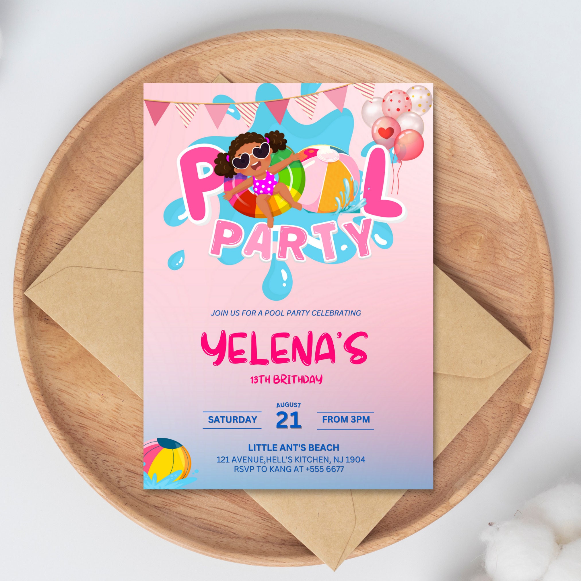 Pink Pool Party Birthday Invitation, Pool Party Invite Girl, Printable ...