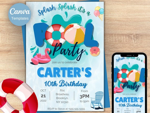 Pool Party Invitation Instant Download Kids Blue Pool Party - Etsy