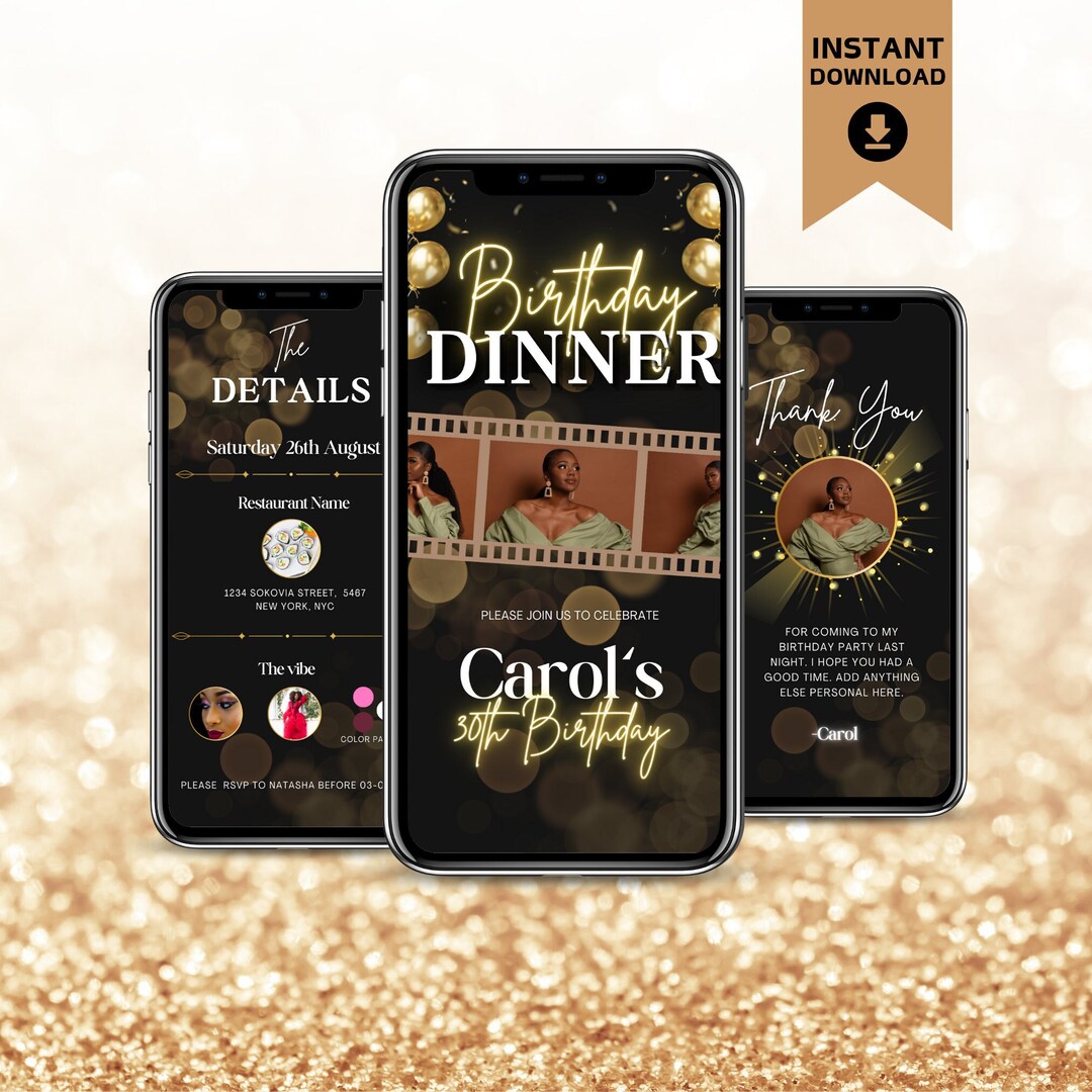 Birthday Dinner Flyer, Black and Gold Birthday Party Invitation ...