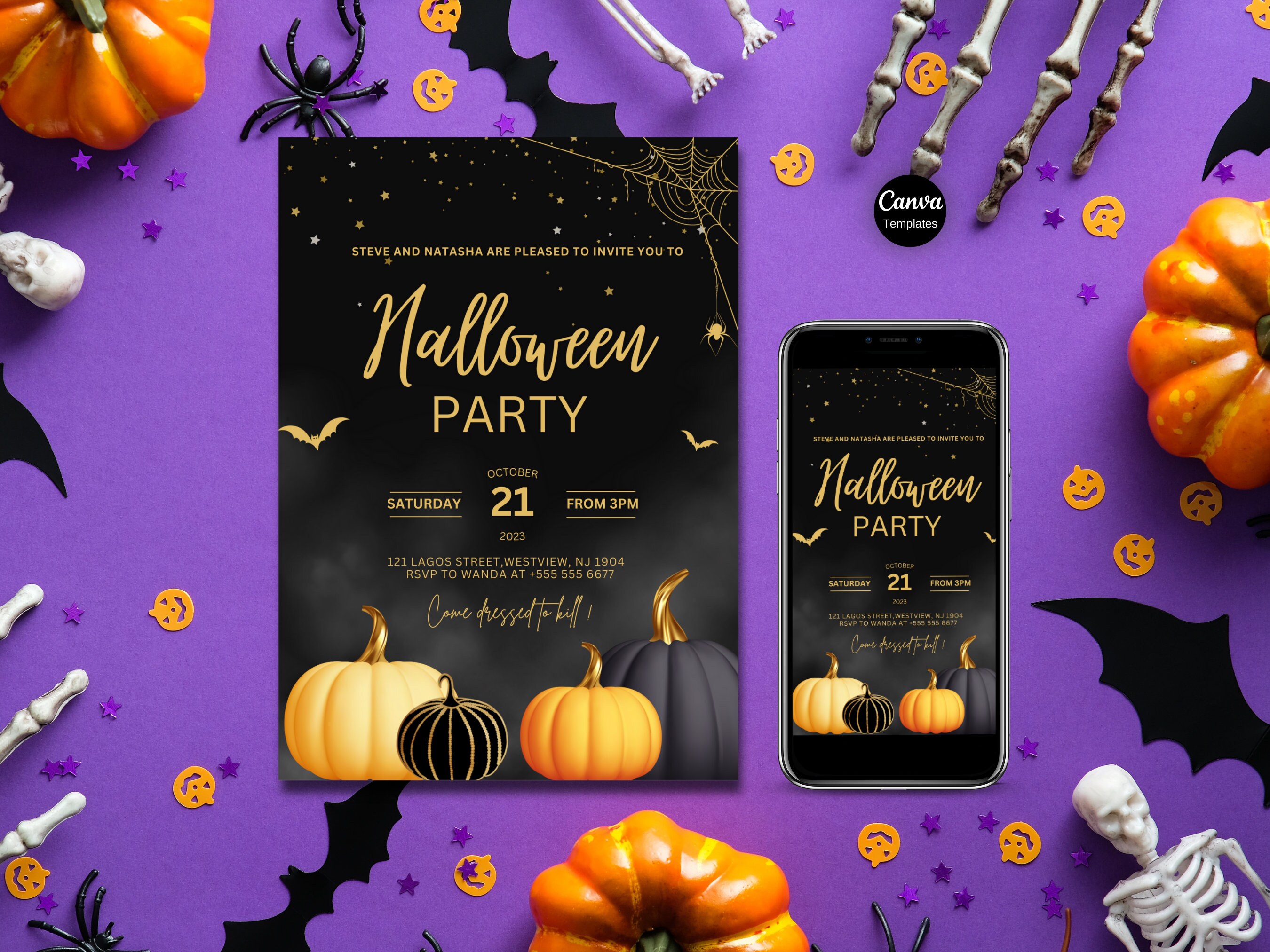 Digital Halloween Party Invitation Adult Printable, Black and Gold ...