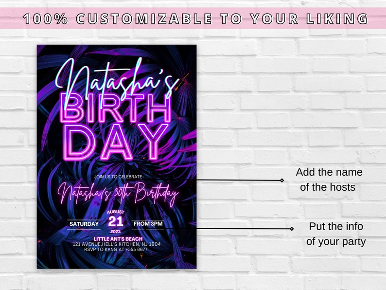 Digital Neon Birthday Party Invitation Neon Purple Beach - Etsy