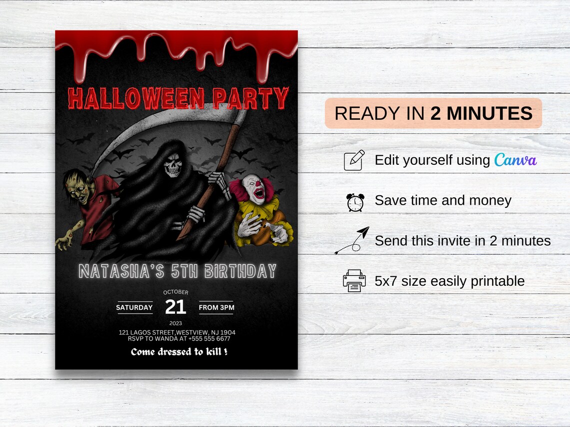Scary Halloween Birthday Invitation, Editable Halloween Party ...