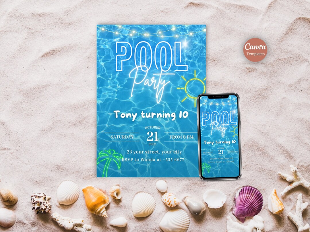 Pool Party Invitation Template, Neon Pool Party Invitation Template ...