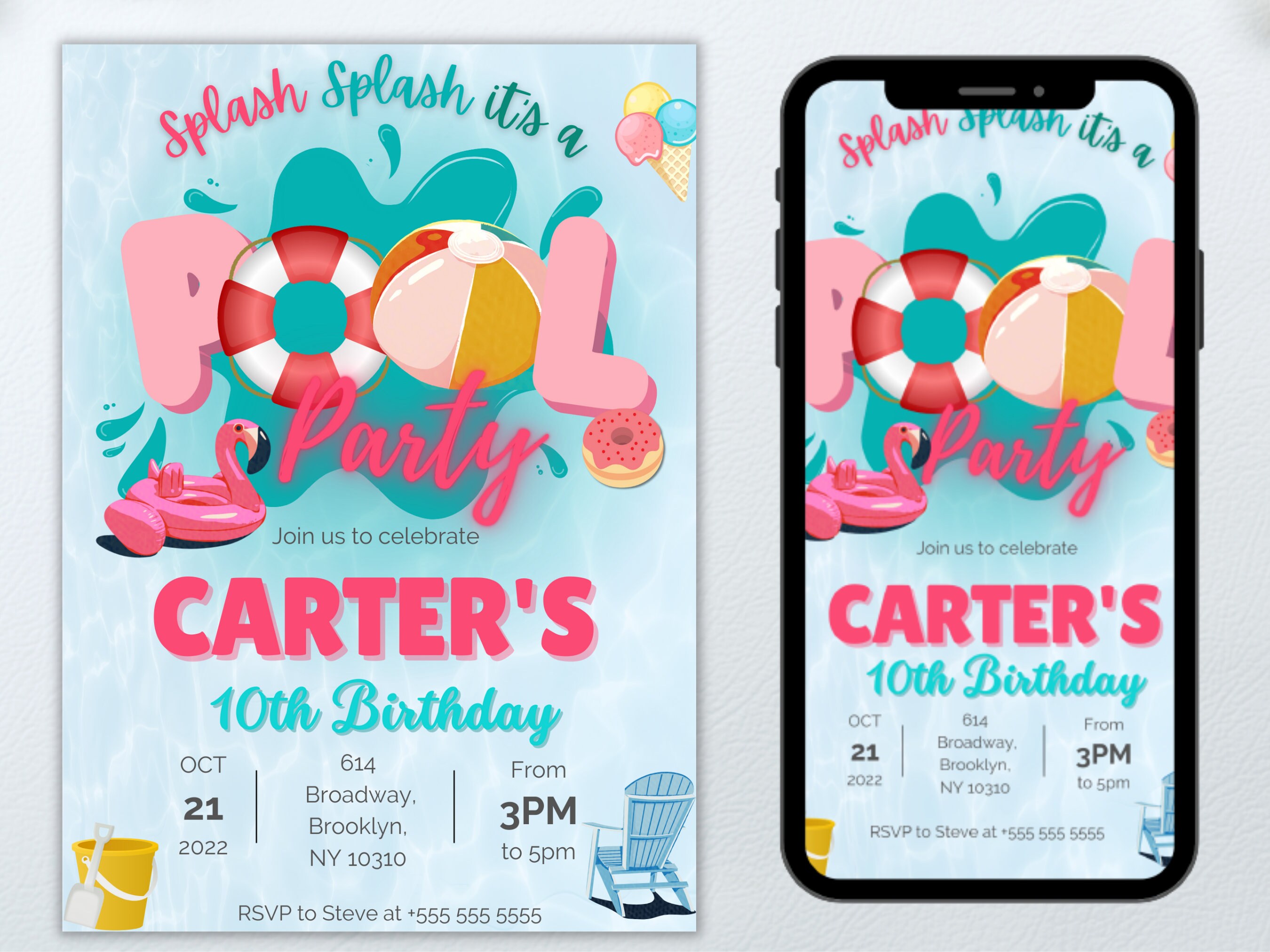 Pink Pool Party Birthday Invitation, Pool Party Invite Girl, Printable ...