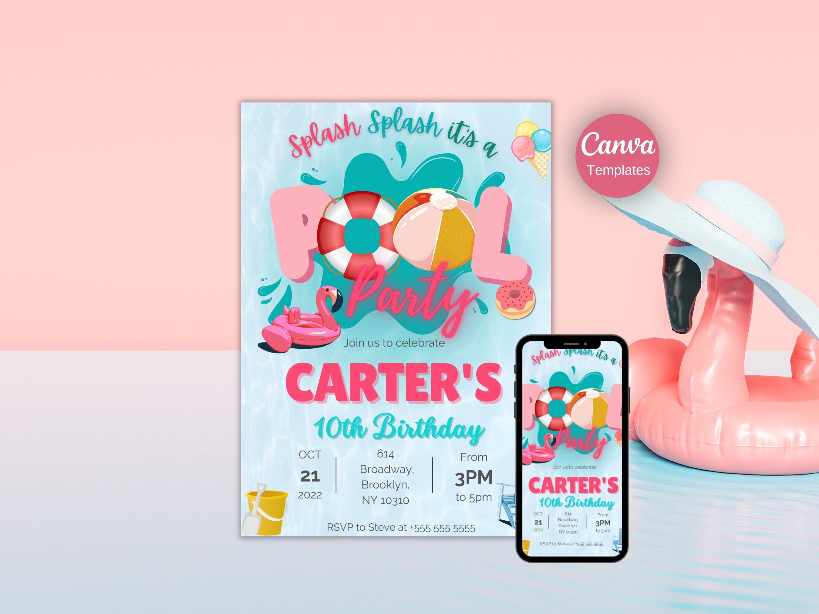 Pink Pool Party Birthday Invitation, Pool Party Invite Girl, Printable ...