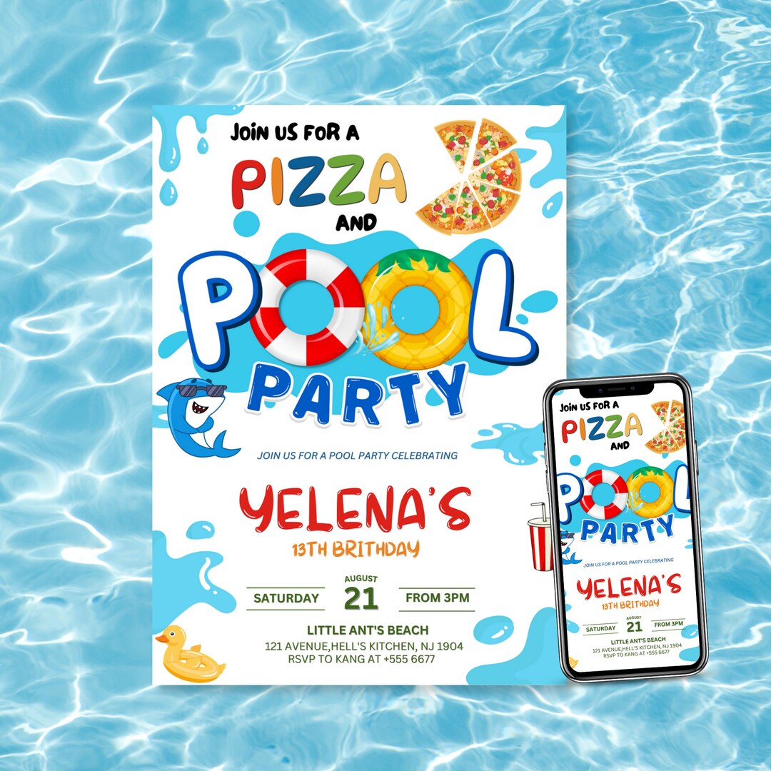 Pool Party Invitation Boy, Pool Party Text Invite, Pizza and Pool Party ...