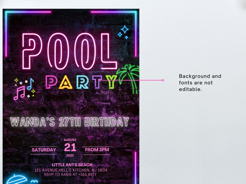 Neon Pool Party Invitation Template, Editable Pool Party Summer Invite ...