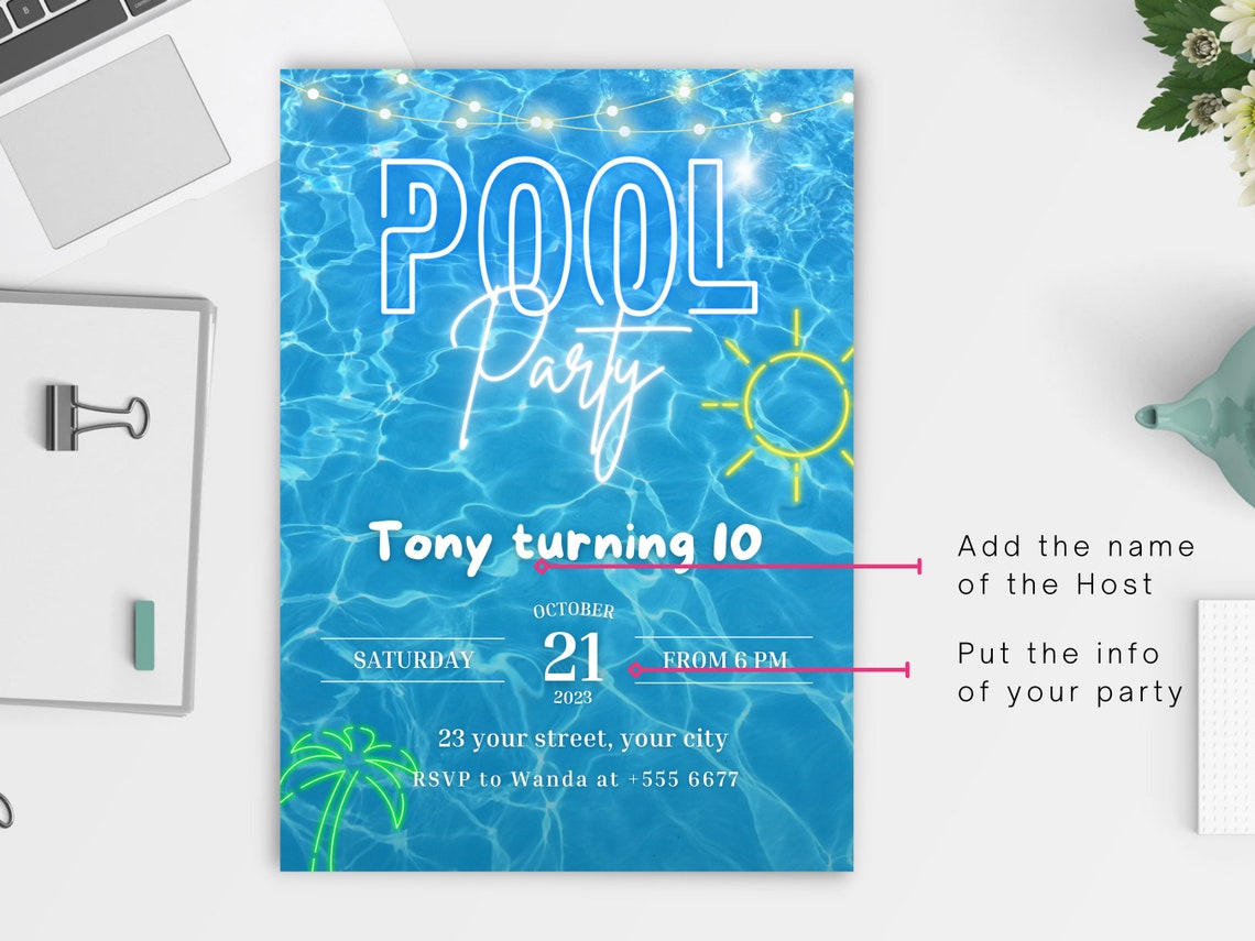 Pool Party Invitation Template, Neon Pool Party Invitation Template ...