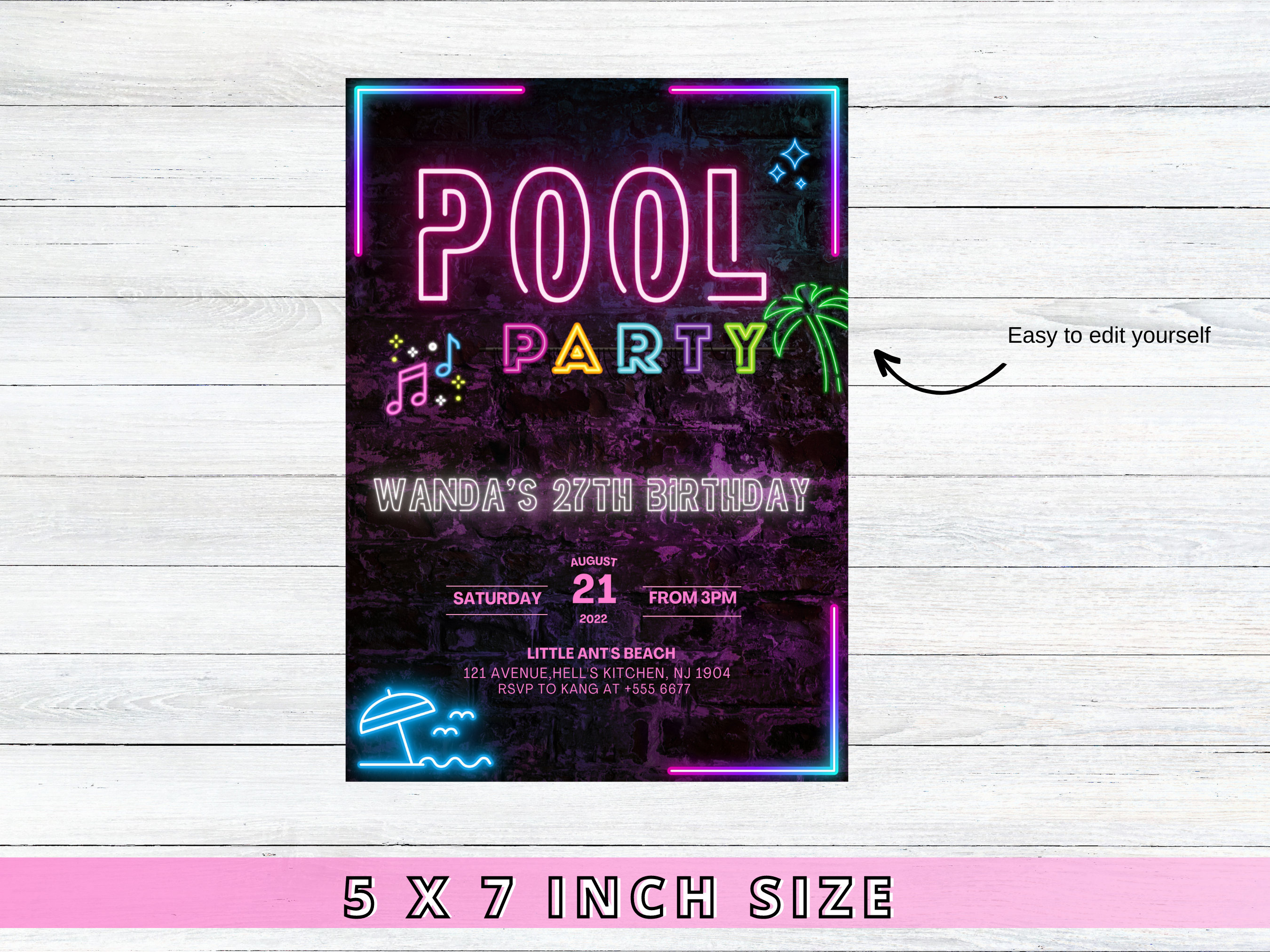 Neon Pool Party Invitation Template, Editable Pool Party Summer Invite ...