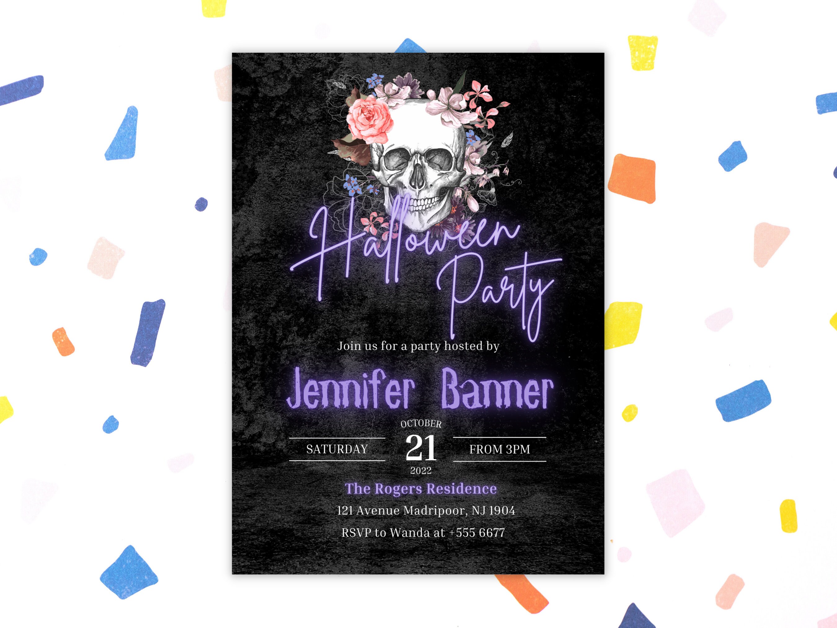 Neon Purple Halloween Party Invitation, Digital Purple Neon Halloween ...
