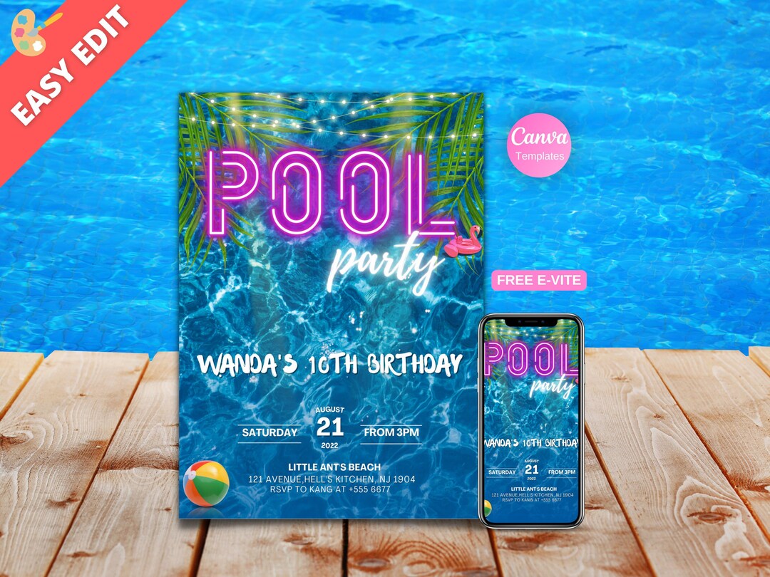 Pool Party Birthday Invitation Template, Neon Pool Party Invitation ...