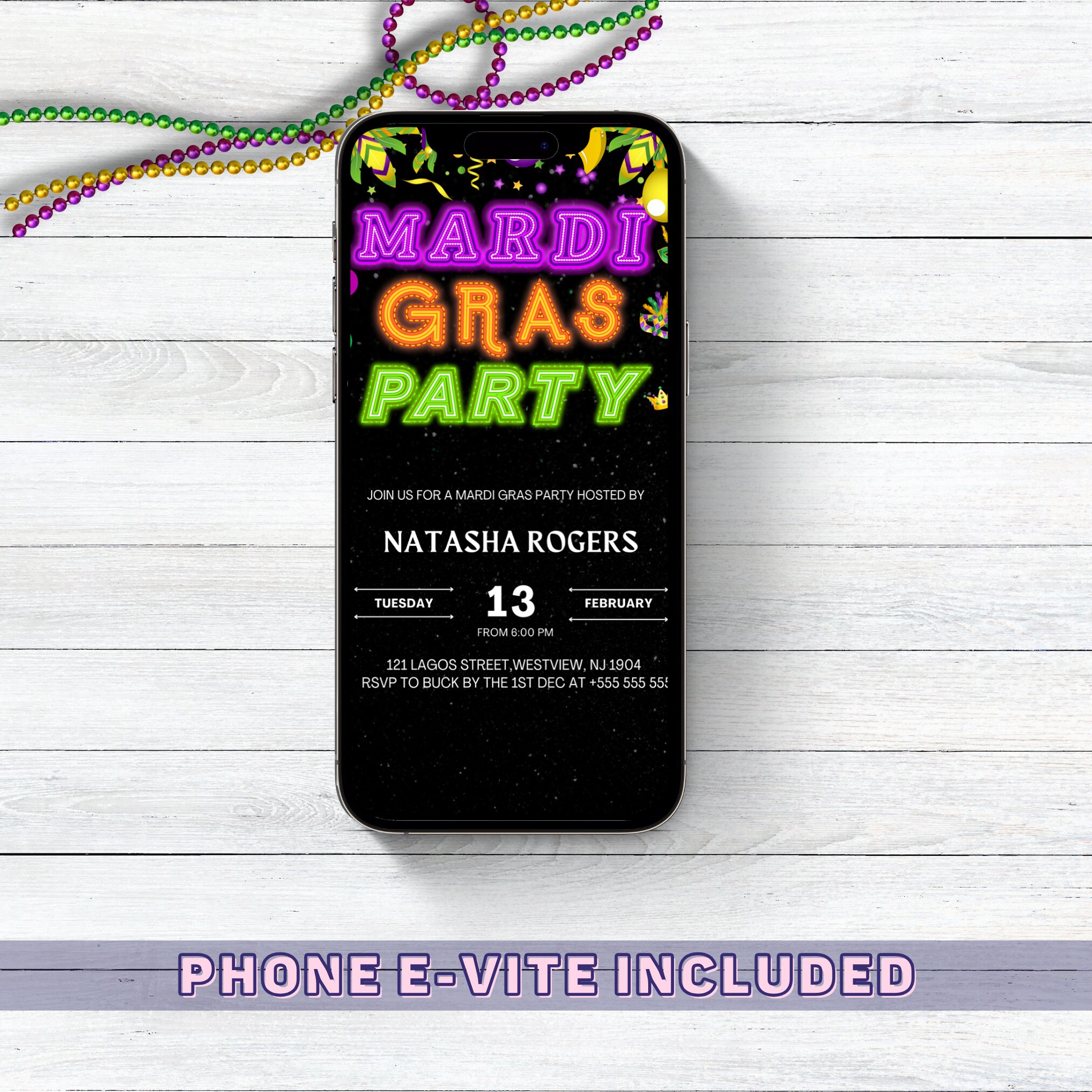 Editable Mardi Gras Invitation, Fat Tuesday Party Invite, Editable ...