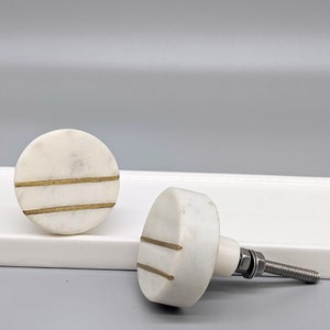 Round White Stone Knob With Brass Inlay Lines | Cabinet Knob | Inlay ...