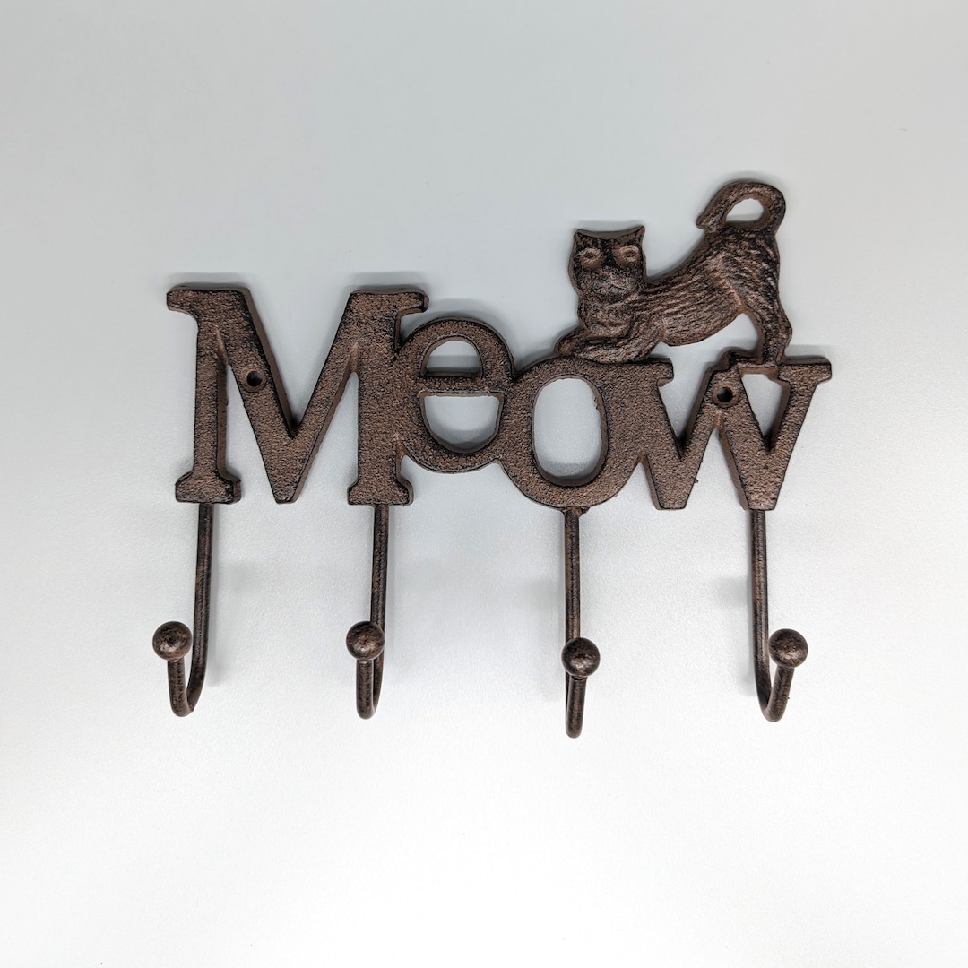 Rustic Cast Iron Cat Wall Hook | MEOW Key Rack Hanger | Coat Hook ...