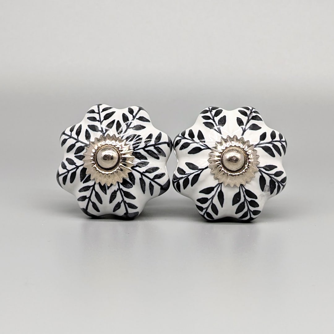 White Black Flower Ceramic Knob | Cabinet Knob | Flower Knob | Drawer ...
