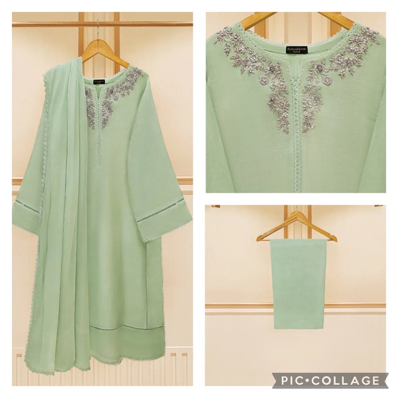 Original Aghanoor 3 Piece Cotton Net Shirt With Raw Silk Pant and Plain ...