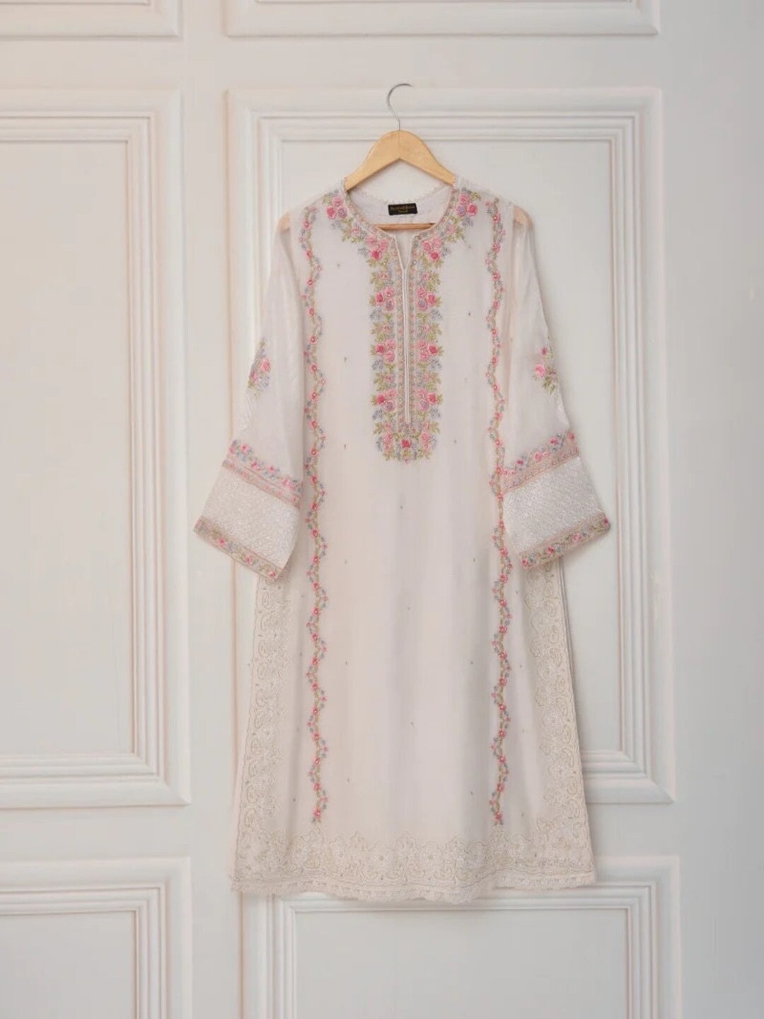 2 Piece Hand Embroidered Cotton Net Shirt With Raw Silk Pant Ready to ...