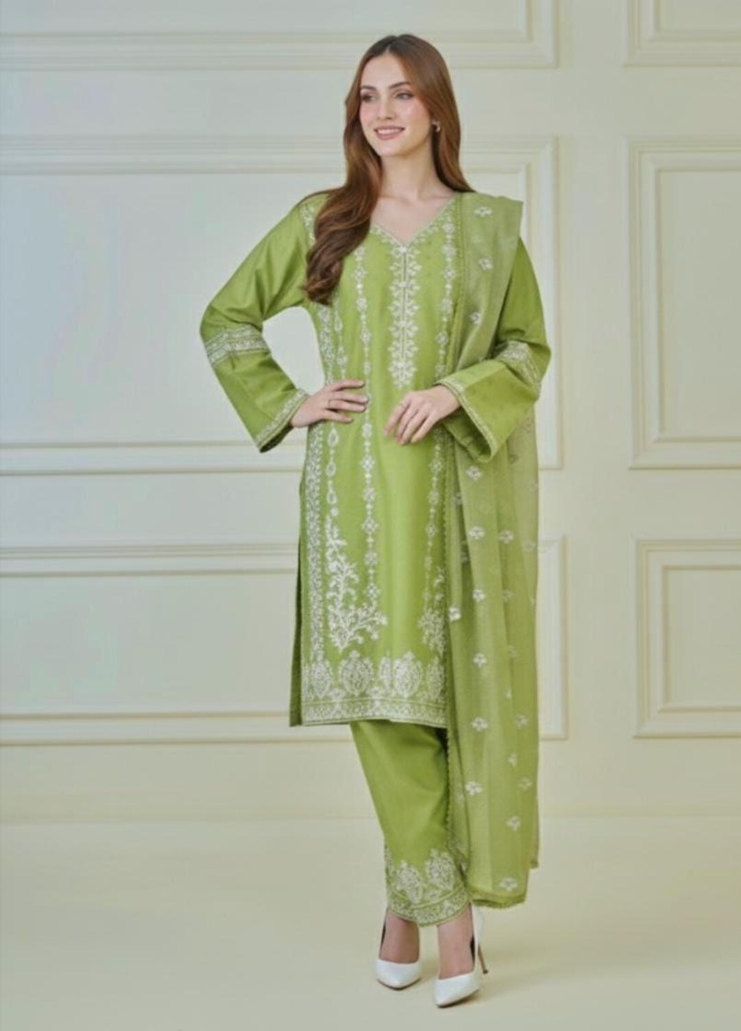 Embroidered Jacquard Lawn Shalwar Kameez: Dhani Green 3-piece Suit - Etsy