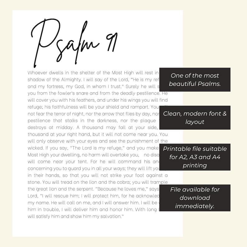 PSALM 91 | Bible Christian Printable Poster A4, A3, A2 | Ready for ...