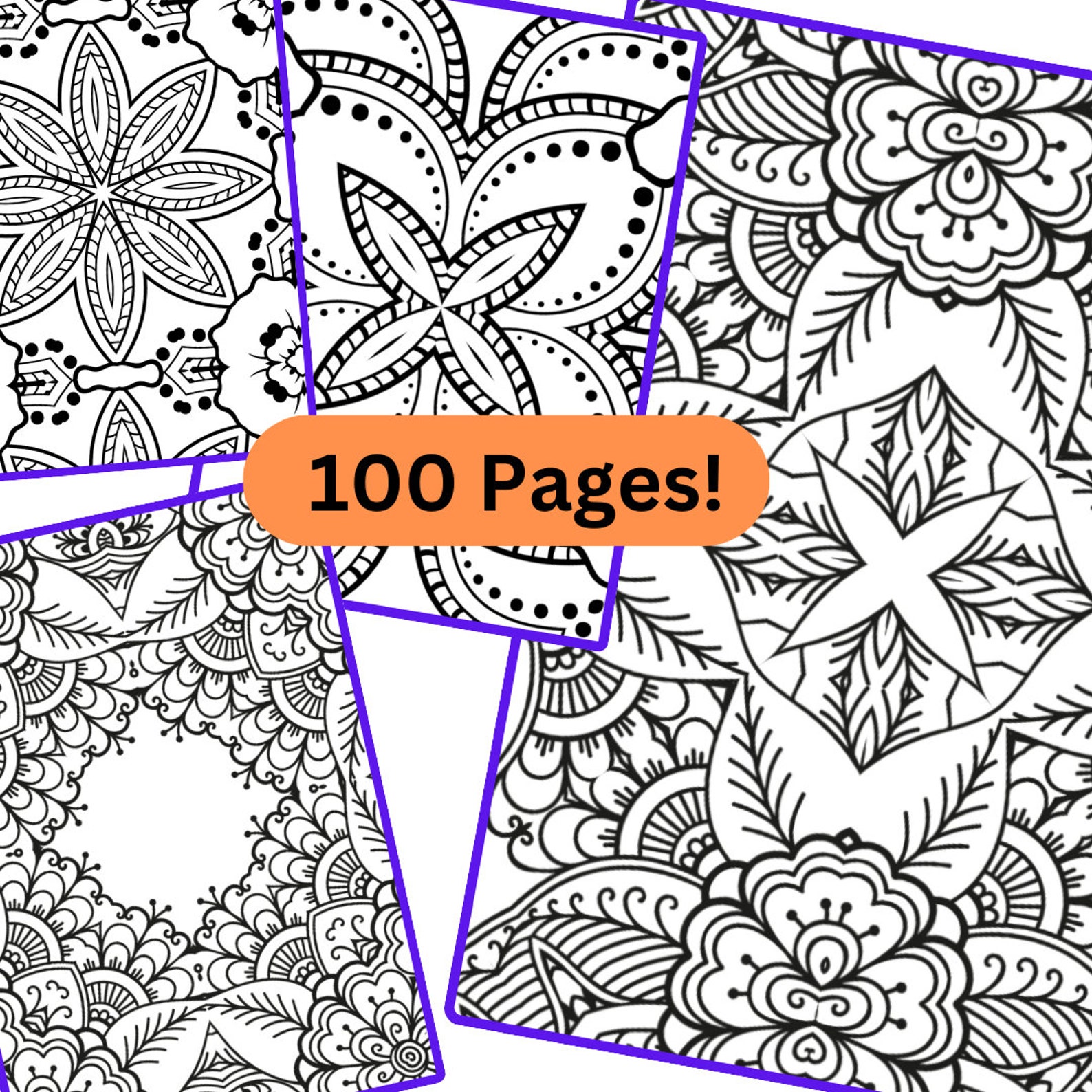 100 Pages Adult Coloring Book PDF Adult Mandala Coloring Book Printable ...