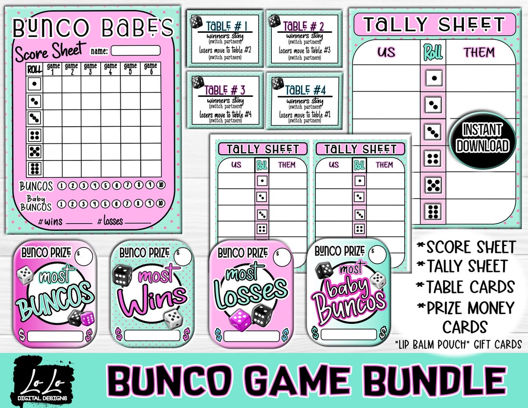 BUNCO BABES Printable Game Bundle, Score Sheets, Tally Sheets, Table ...