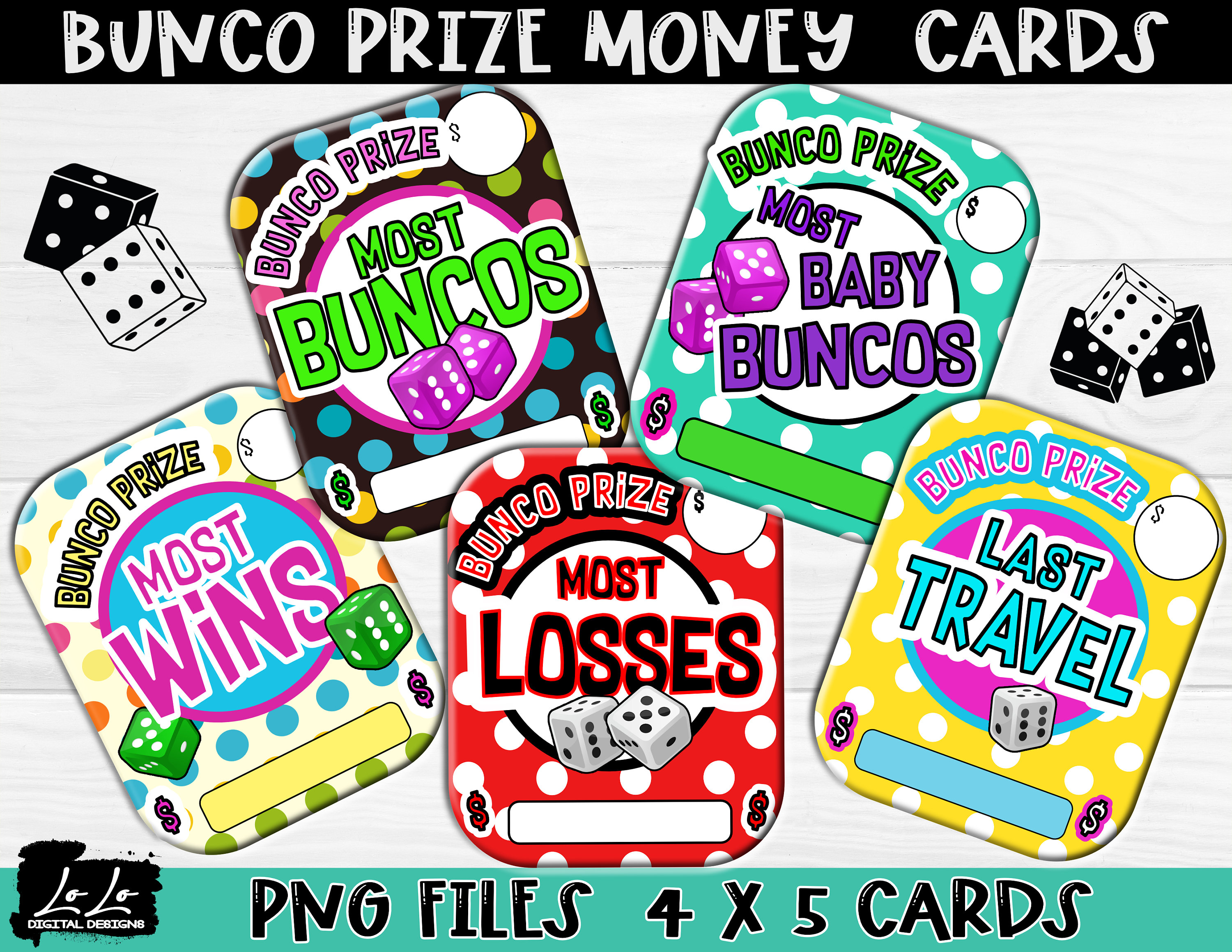 Bunco Prize Money Cards, Printable PNG Files, Digital Download, Bunco ...