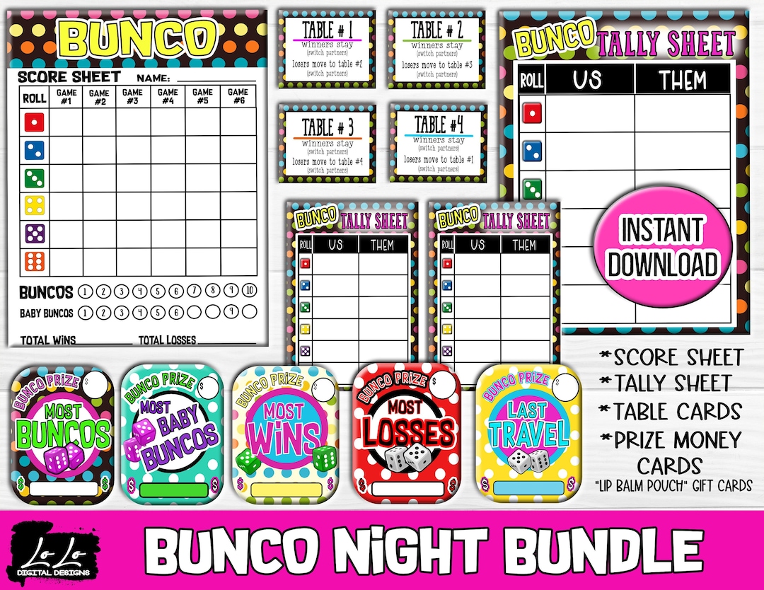 BUNCO NIGHT Printable Game Bundle, Score Sheets, Tally Sheets, Table ...