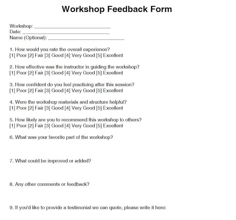 Workshop Feedback Form Template | Editable A4 PDF & Word | Instant ...