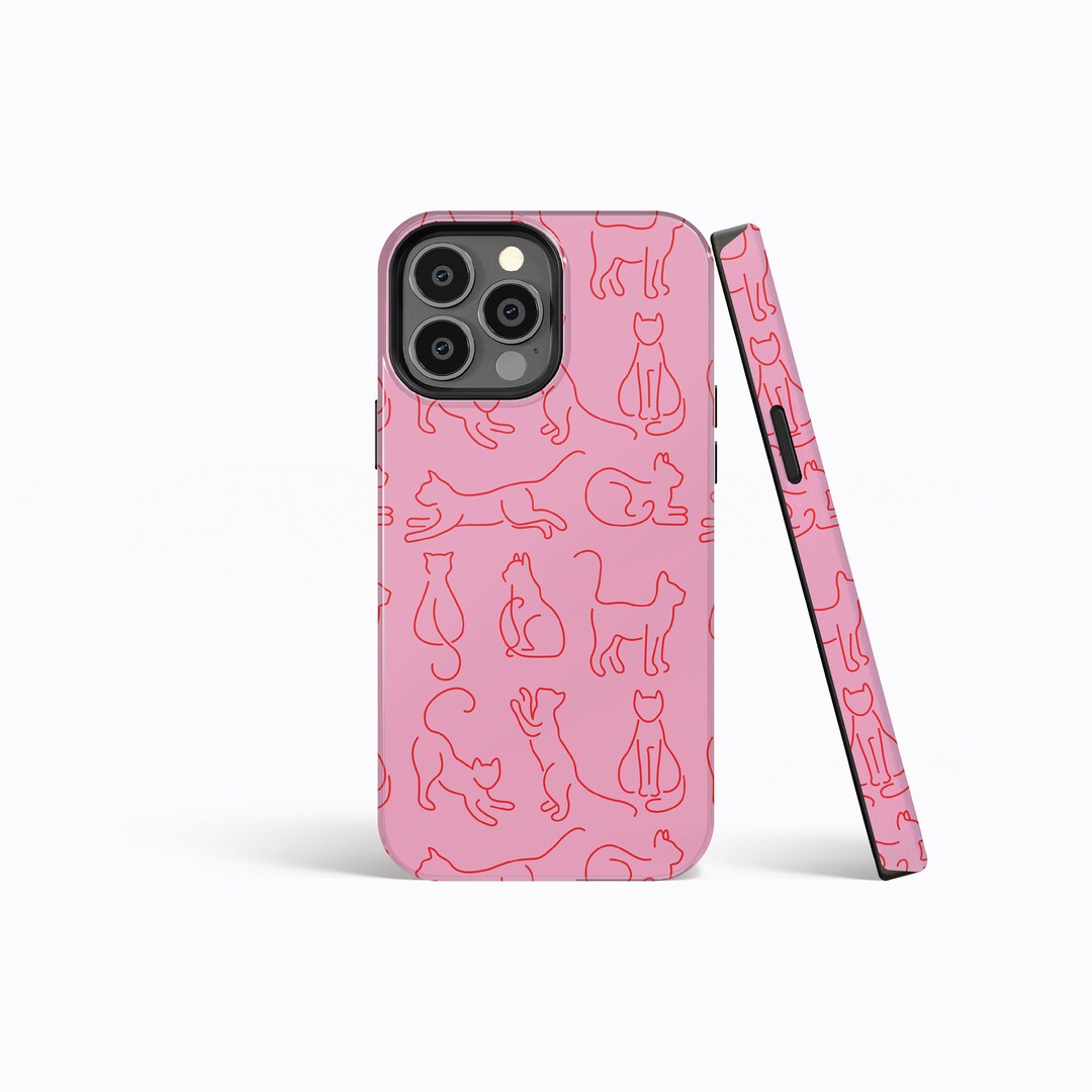 CUTE CAT POSES Pink Line Art Phone Case | iPhone 16/15/14/13/12 Pro Max ...