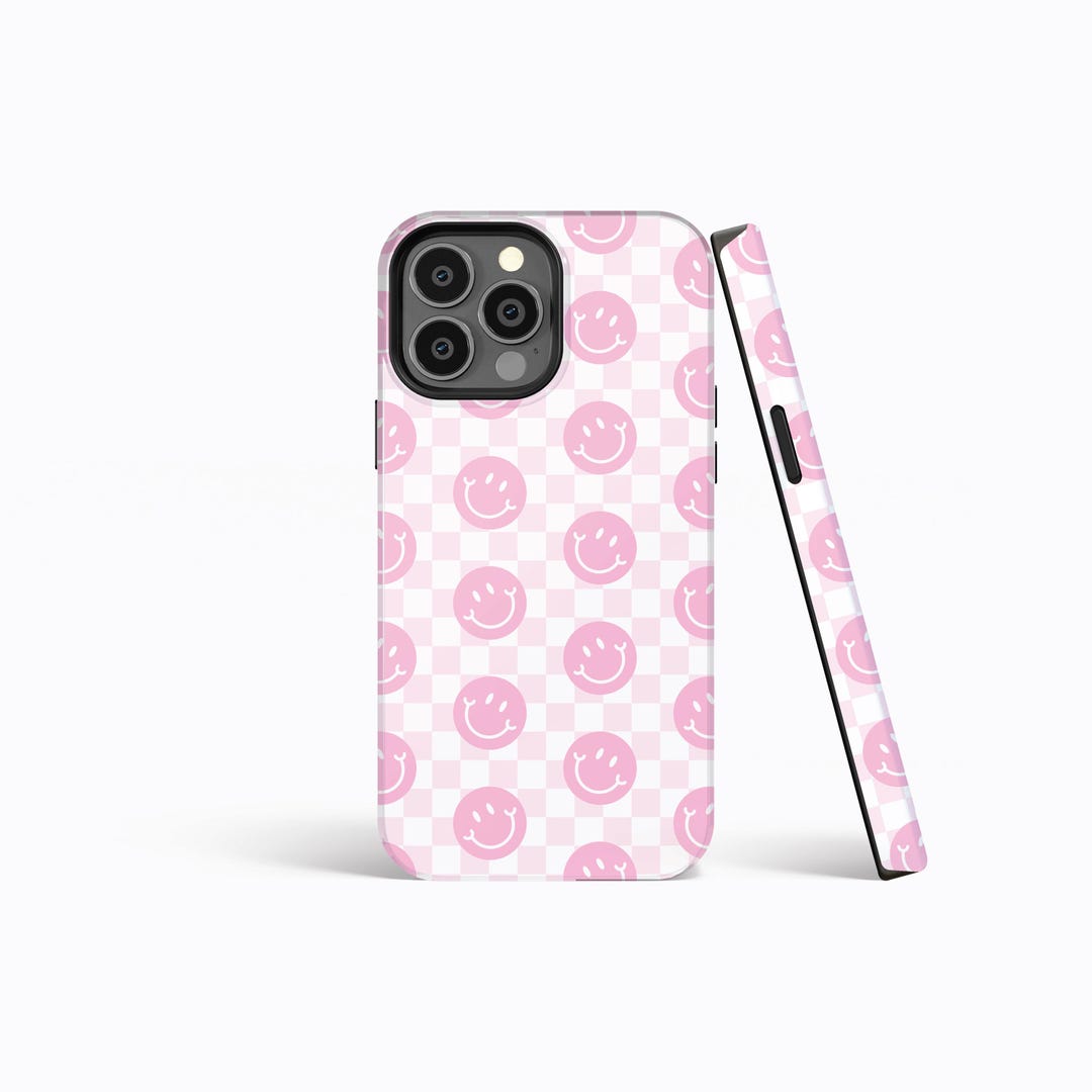 LIGHT PINK CHECKERED Emoji Smile Phone Case | iPhone 16/15/14/13/12/11 ...