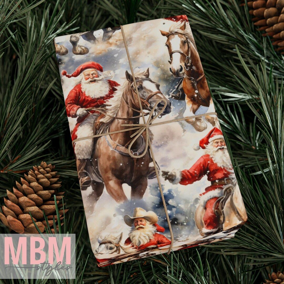 Cowboy Santas Large Scale Wrapping Paper, Western Christmas Gift Wrap ...