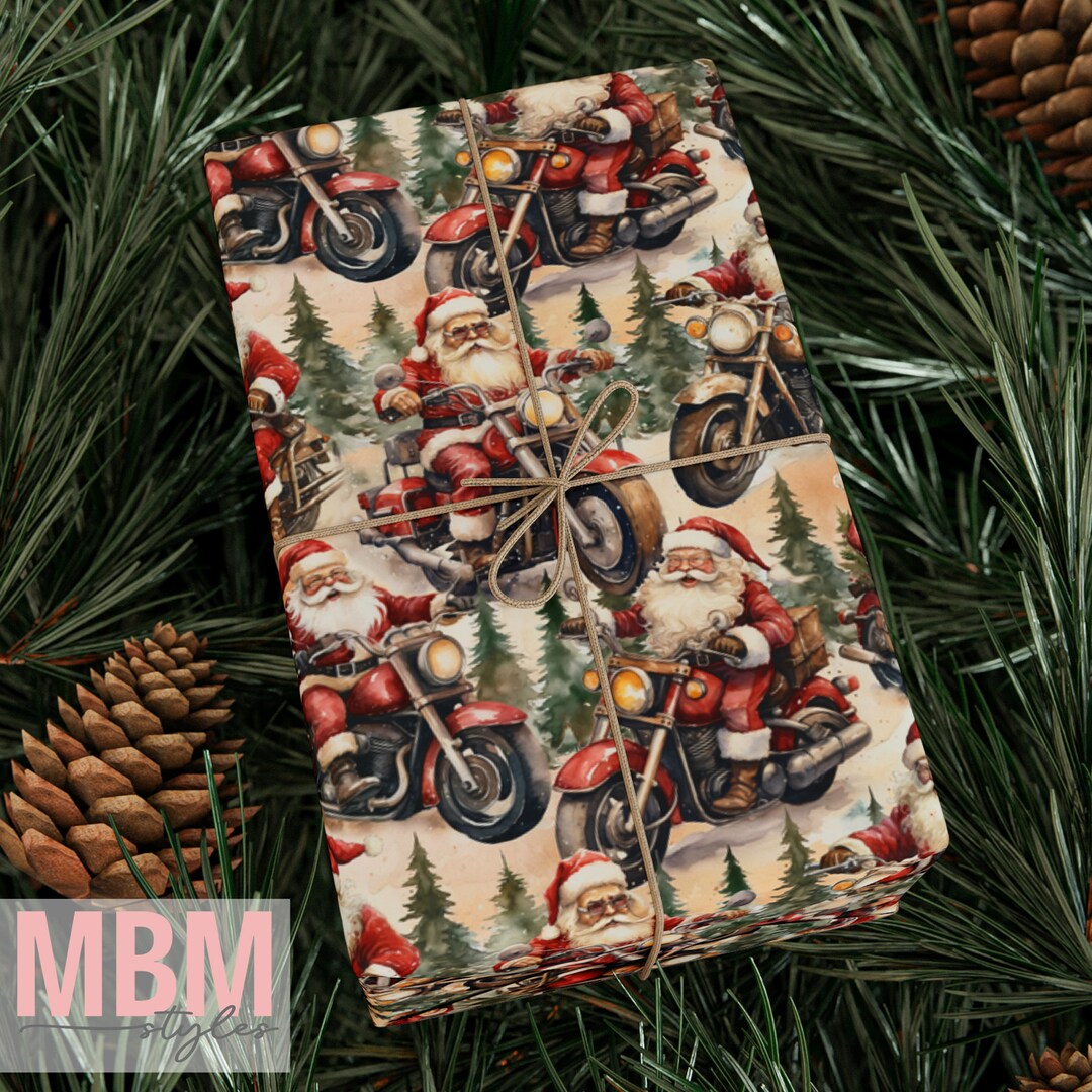 Motorcycle Santa Small Scale Wrapping Paper, Holiday Biker Gift Wrap ...