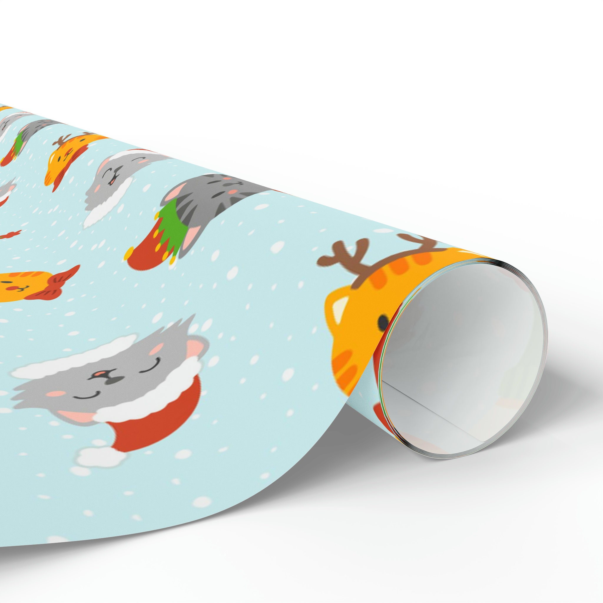 Cute Christmas Kitties on Blue Large Scale Wrapping Paper, Holiday Cats ...